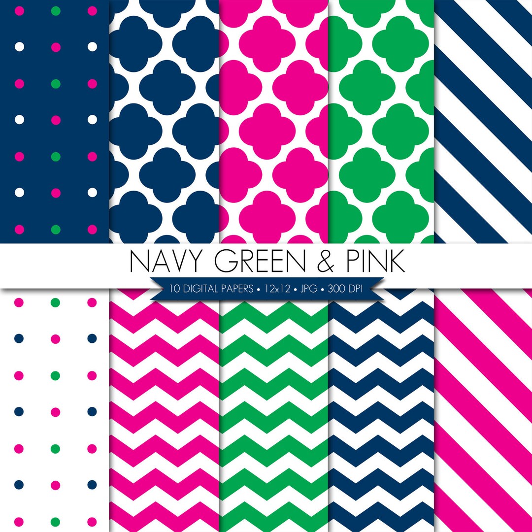 Digital Paper,navy Green Pink Digital Paper,navy Green Pink Scrapbook ...