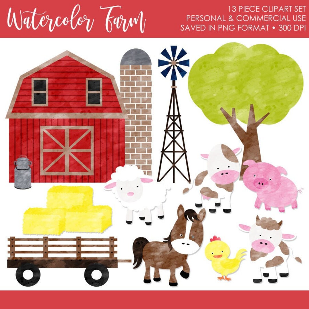 Watercolor Farm Animal Clipart,farm Clipart,barn Clipart,cow Clipart ...