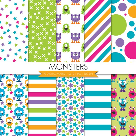 Monsters Digital Paper,Monsters Patterened Paper,Monster Scrapbook ...