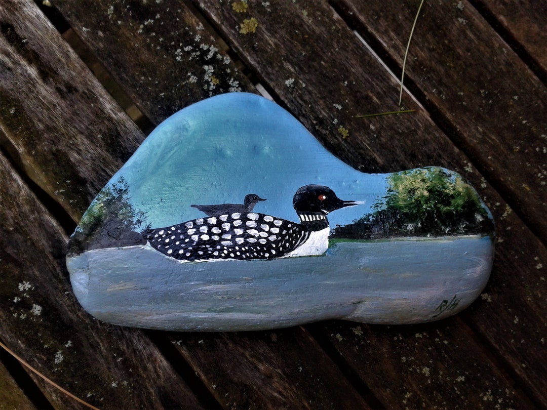 Loon Painted on Stone, Common Loon and Baby, Loon Paperweight, Free ...