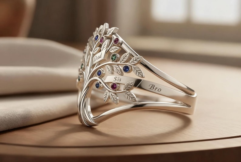 Personalized Family Tree Ring | Silver Birthstone Jewelry - Etsy