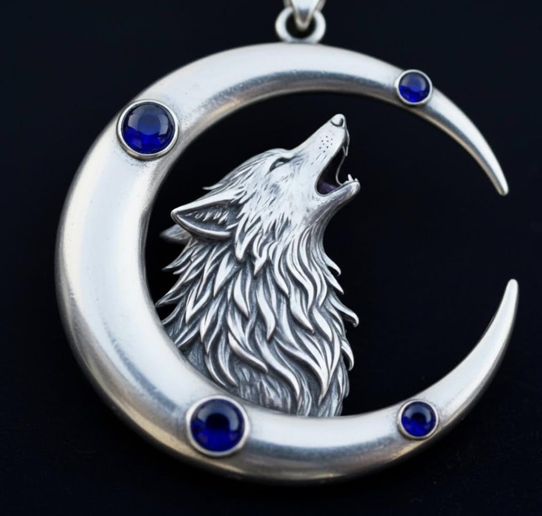 Silver Wolf & Moon Necklace - Etsy