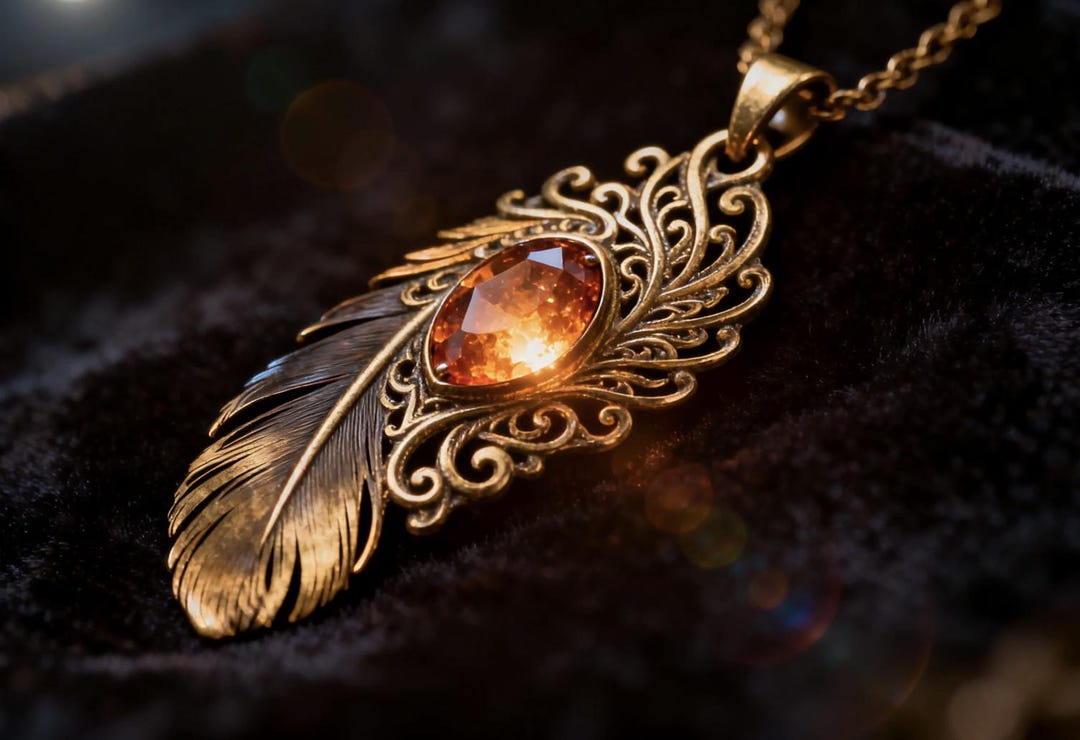 One‑of‑a‑kind Feather Necklace – Amber Fantasy Pendant, Vintage Brass ...