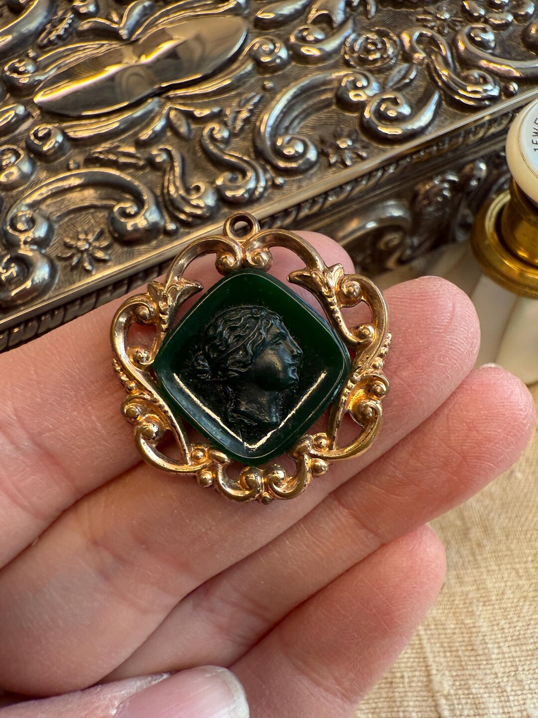 Antique Gold Filled Green Glass Intaglio Pendant - Etsy