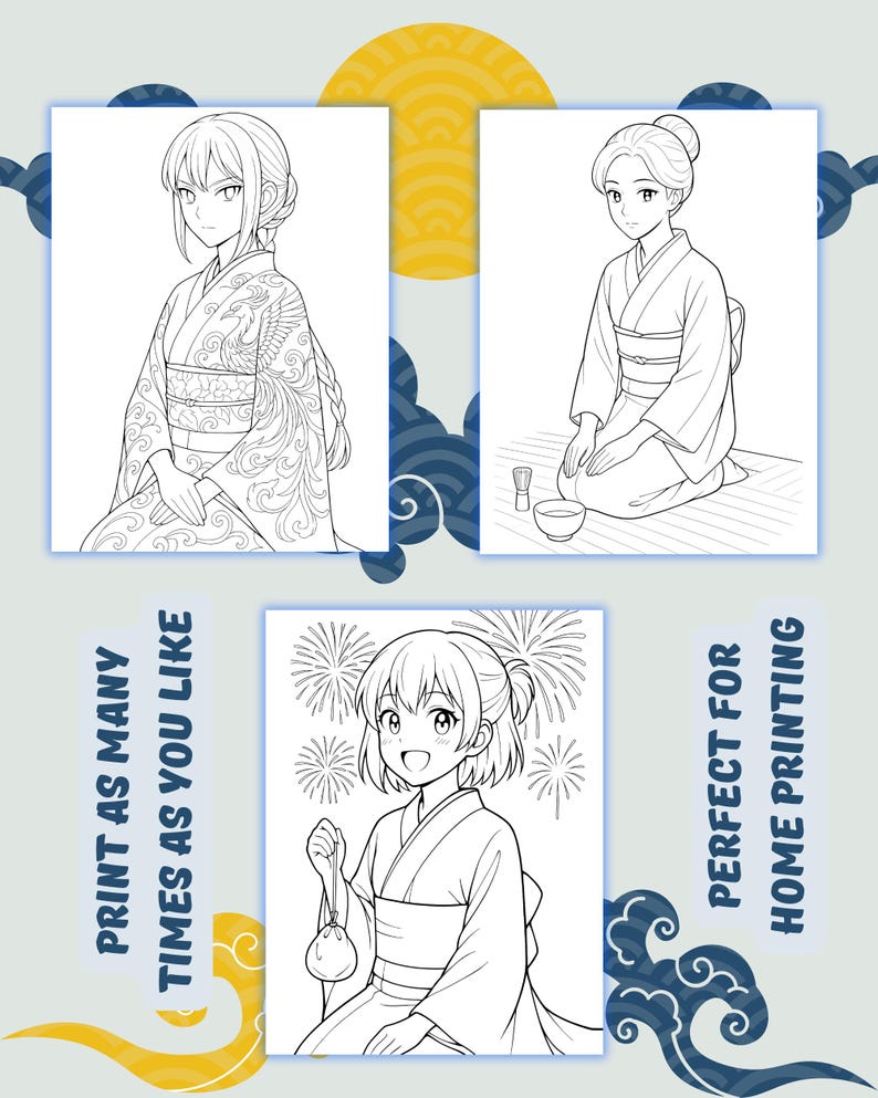 Anime Kimono Girls Coloring Book: 30 Printable Japanese Art Pages (PDF ...
