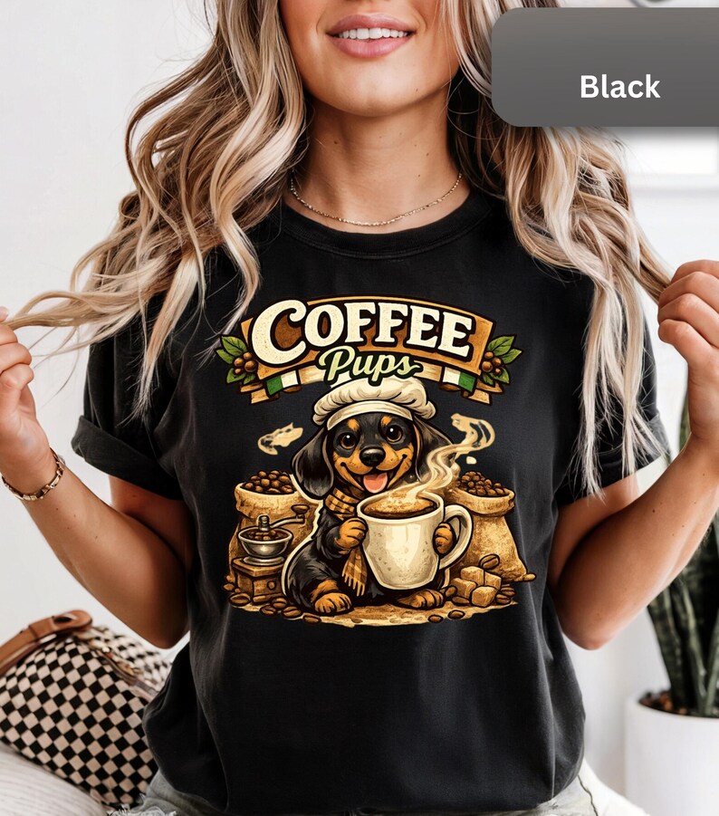 Comfort Colors® Coffee Pups Dachshund Shirt | Funny Wiener Dog Coffee ...