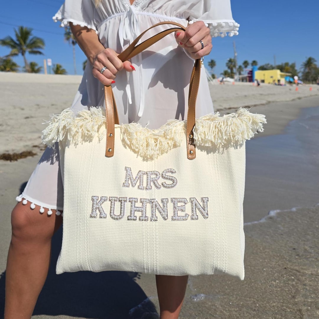 Custom Bride Fringe Tote Bag, Pearl Rhinestone, Wedding Gift, Mrs ...
