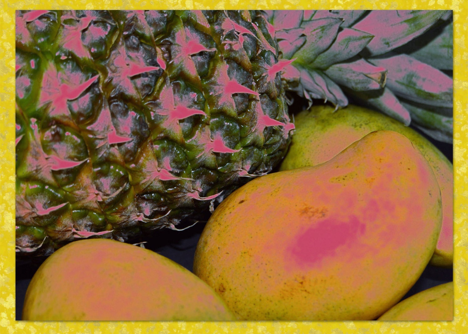 Glowing Neon Mangoes and Pineapple, Photo Note Card, 5.5"x4.25", Blank ...
