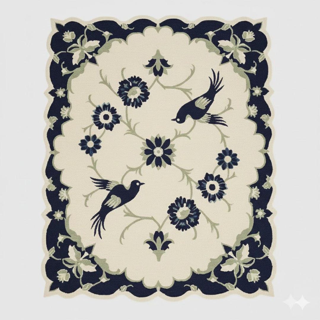 Blue Bird Floral Area Rug, Ivory Background Scalloped Edge Rug ...