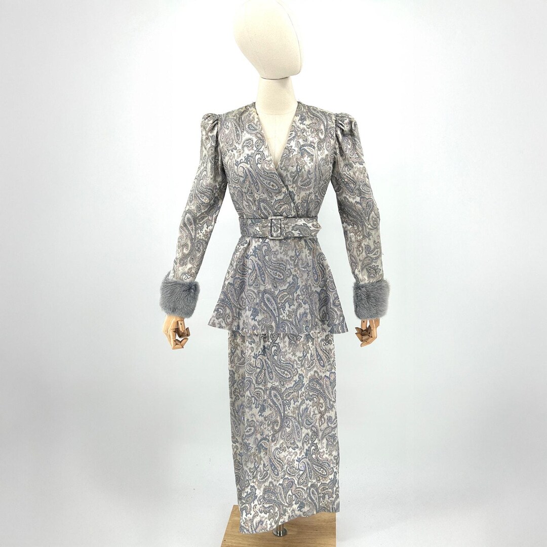 Vintage 80s Ice Blue Silver Brocade Crystal Embellished Mink Cuff Gown ...