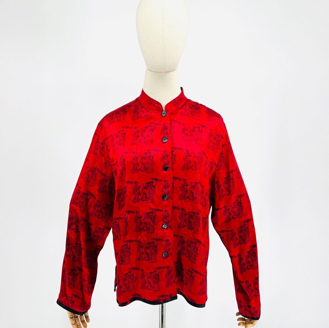Vintage 90s Chico's Design Red Silk Satin Geisha Print Mandarin Collar ...