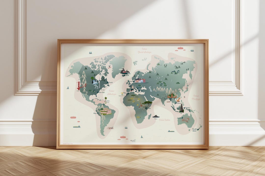 Illustrated World Map Poster – Travel Wall Decor | Planisphere Poster ...