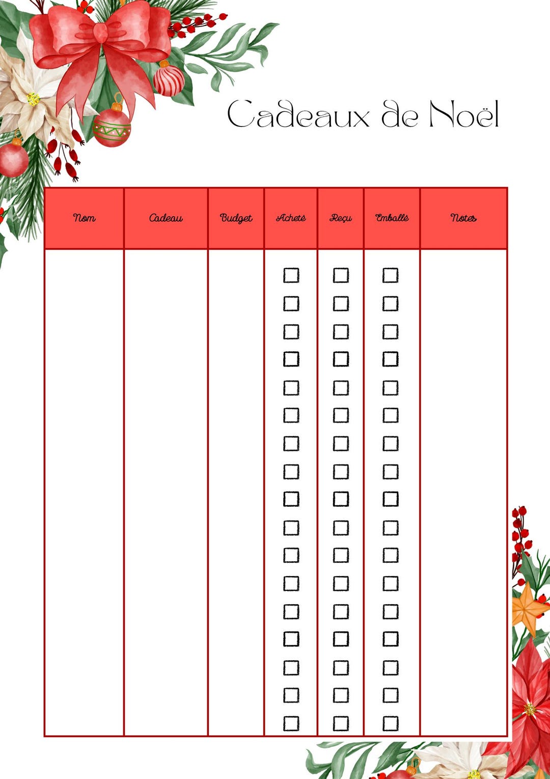 Printable and Fillable Christmas Gift List, PDF, French - Etsy