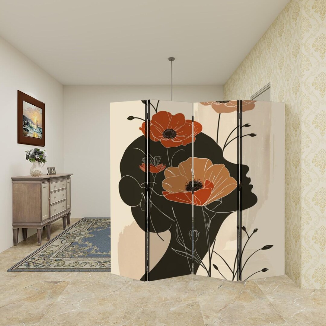 4 Panel Boho Face Room Divider, Artistic Folding Privacy Screen, Modern ...