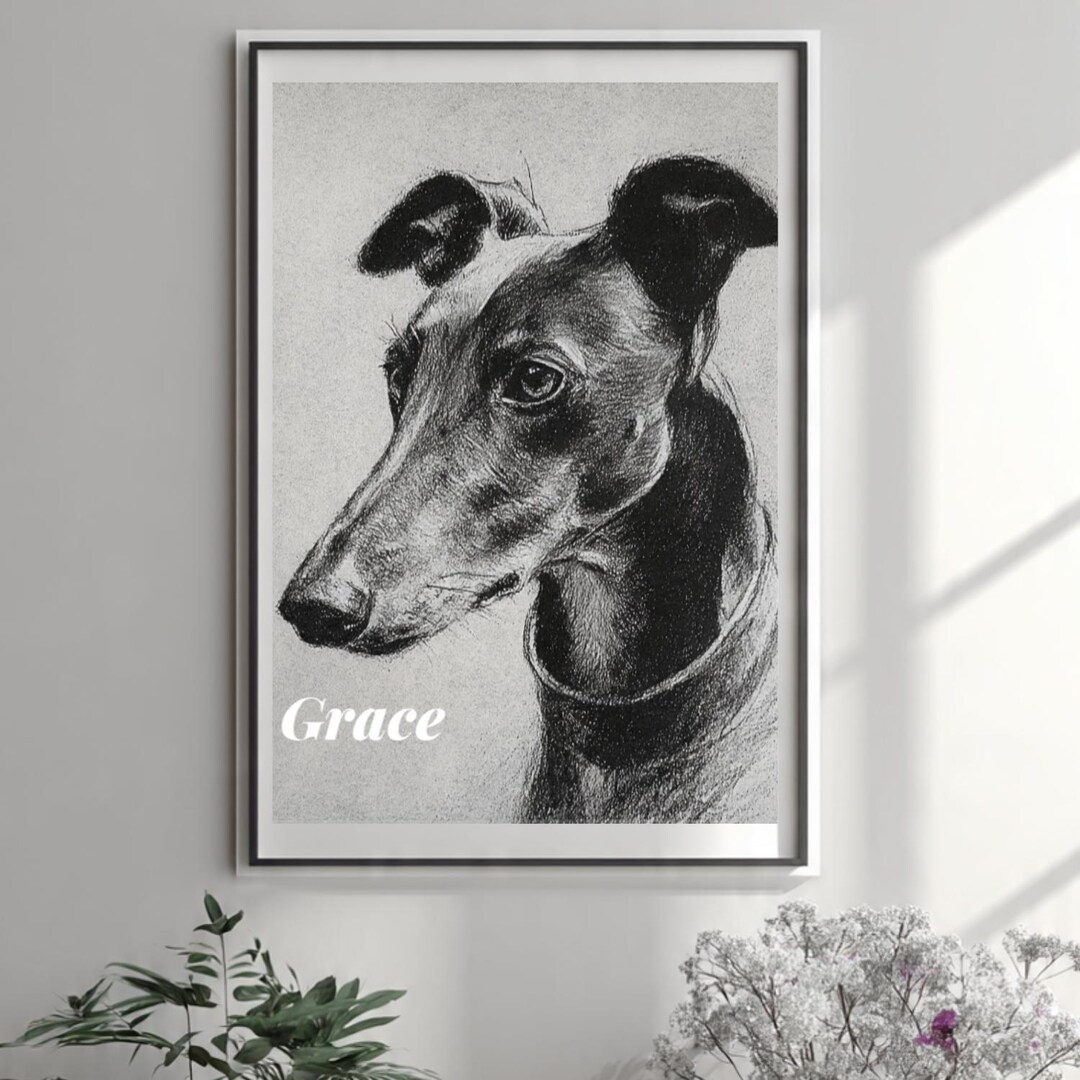 Custom Charcoal Classic Whippet Portrait Print, Fine Line Wall Art ...
