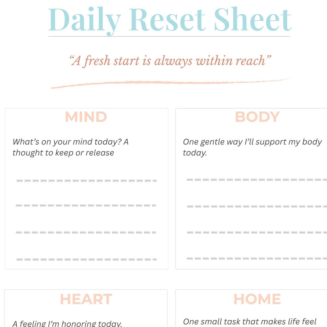 Daily Reset Sheet Printable | One-page Self Care Planner | Mental ...