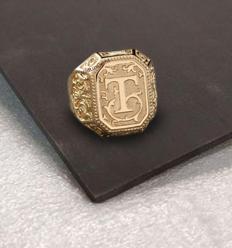 Personalized Sterling Silver Signet Ring: Gold Vermeil Initial Engraved ...