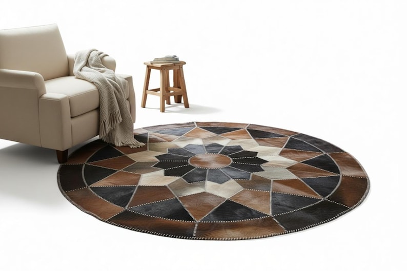 Handmade Cowhide Patchwork Rug – Round Geometric Leather Carpet - Etsy