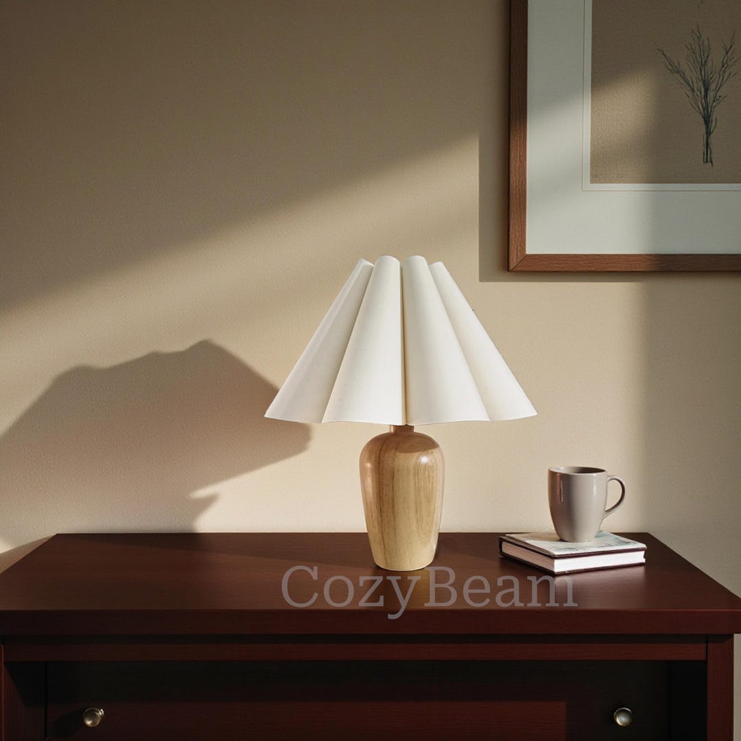 Pleated Table Lamp Wooden Base Wood Light Color Wood Urn Base Lamp - Etsy