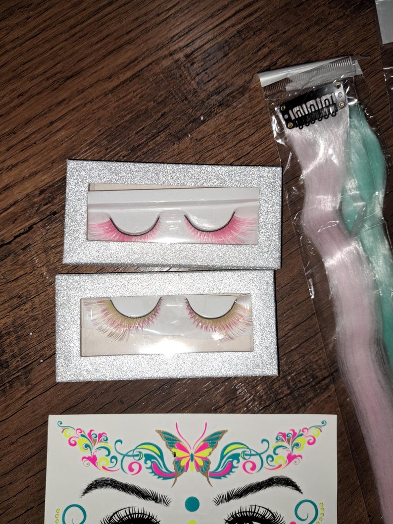 Fairy Glow Kit: Hair Extensions, Face Sheets, Eyelashes for Festivals ...