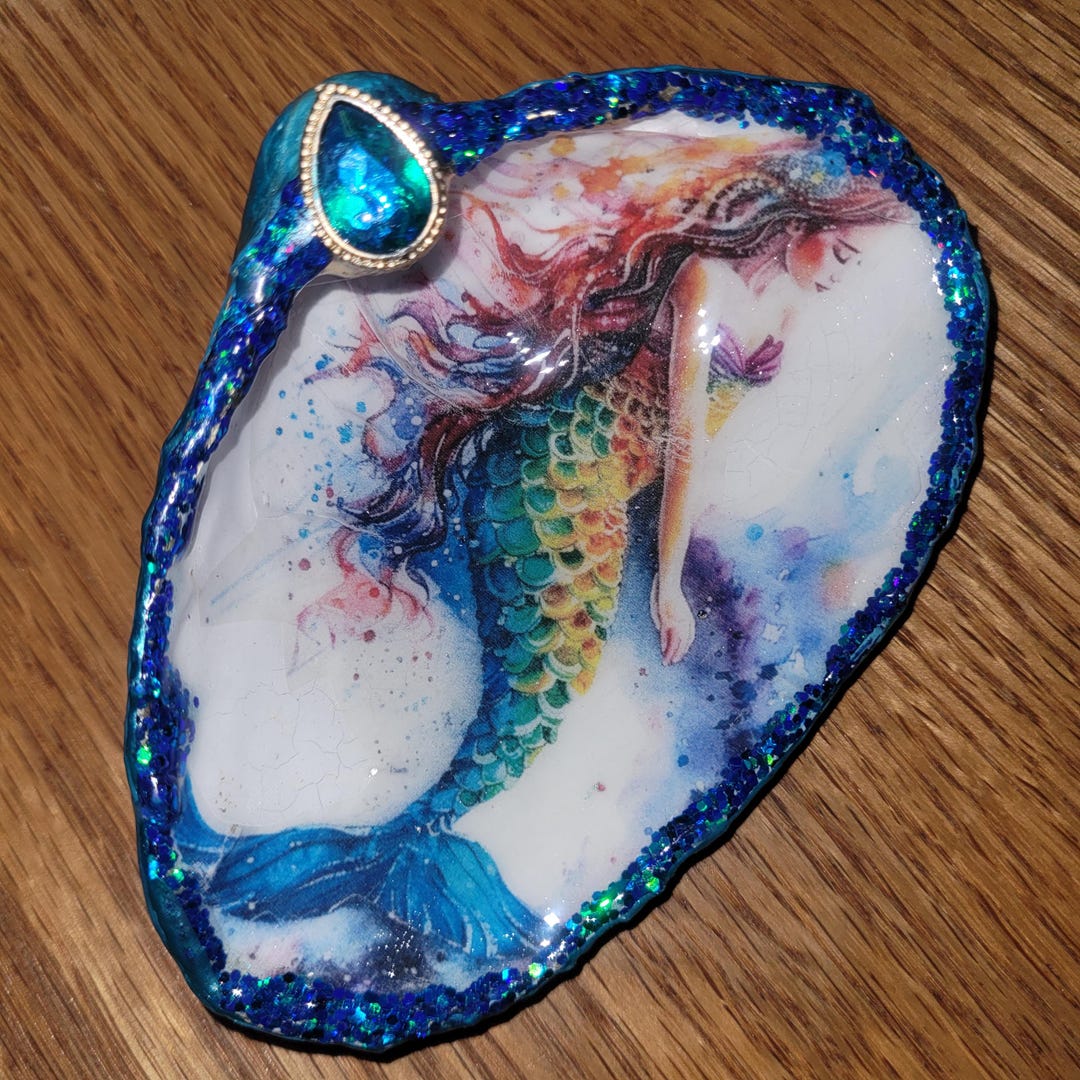 Handmade Mermaid Clam Shell Watercolor Decoupage Seashell With Glitter ...