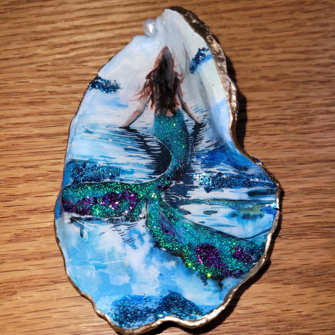 Hand-painted Mermaid Oyster Shell Art With Glitter and Pearls – Coastal ...