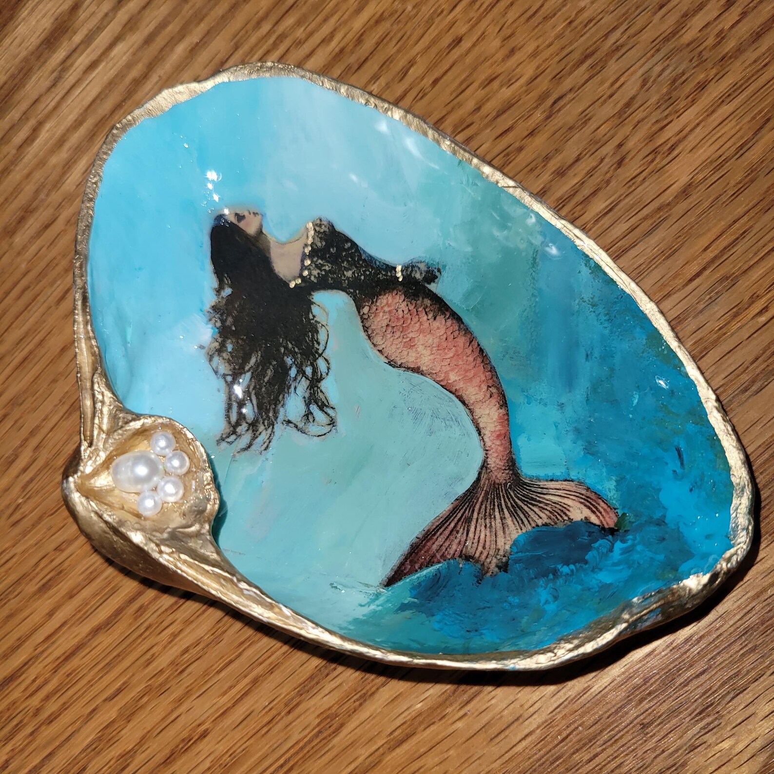 Mermaid Clam Shell Ring Dish With Pearl, Gilded Seashell Jewelry Holder ...