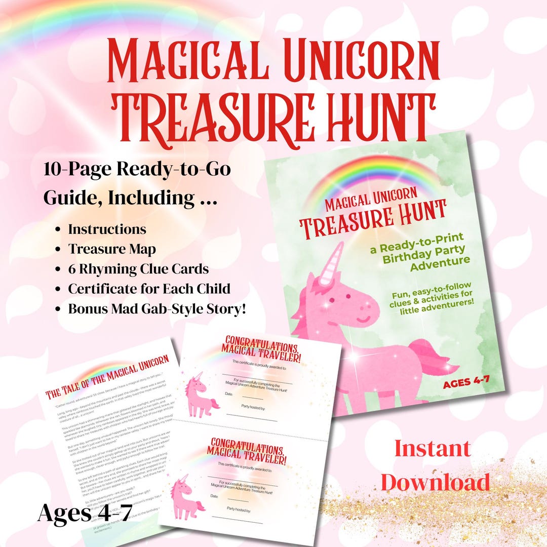 Unicorn Treasure Hunt Printable, Girls Birthday Party Game Ages 4-7 ...