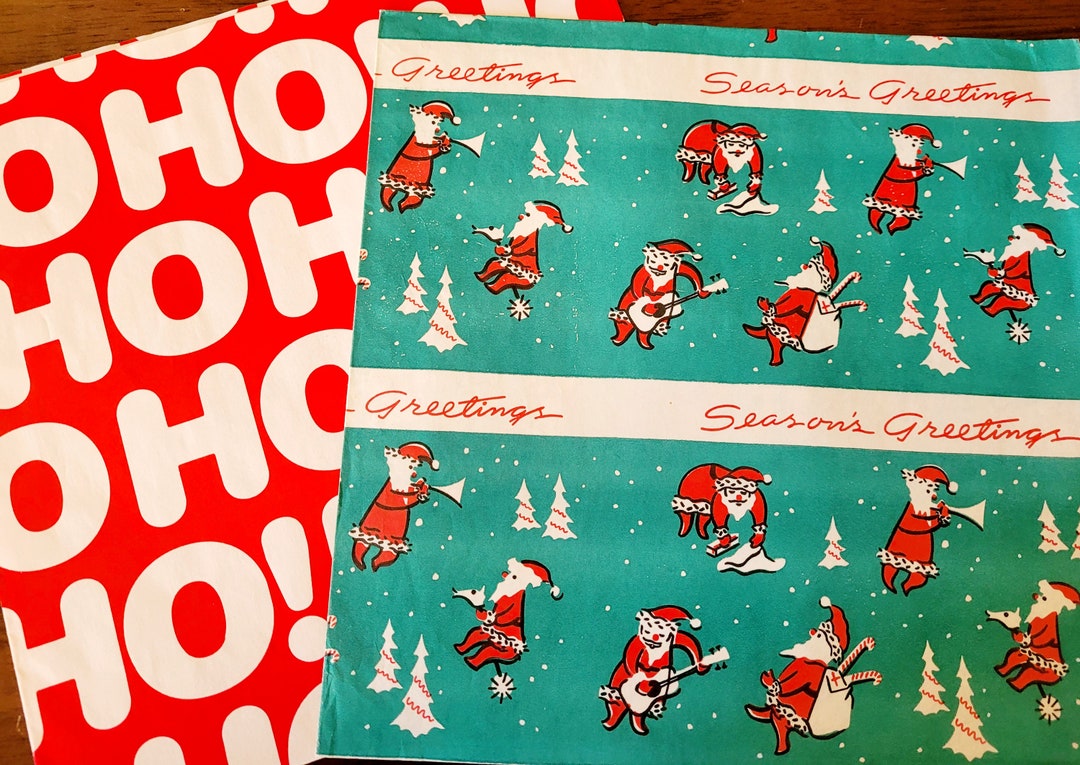Curated Set Vintage Wrapping Paper Seasons Greetings Hohoho Gift Wrap ...