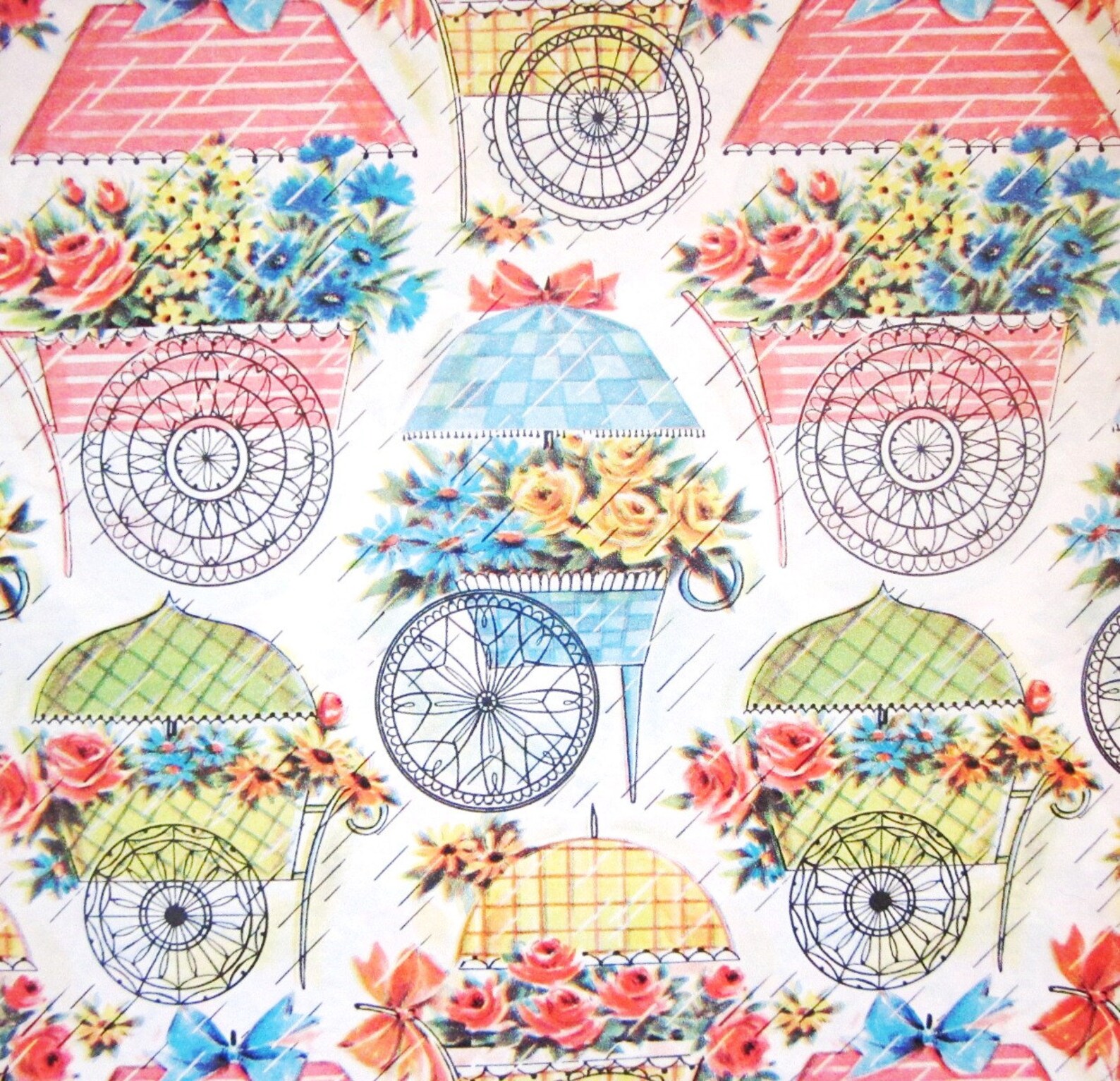 Vintage Wrapping Paper Flower Cart Shower One Sheet Gift Wrap Kaycrest ...