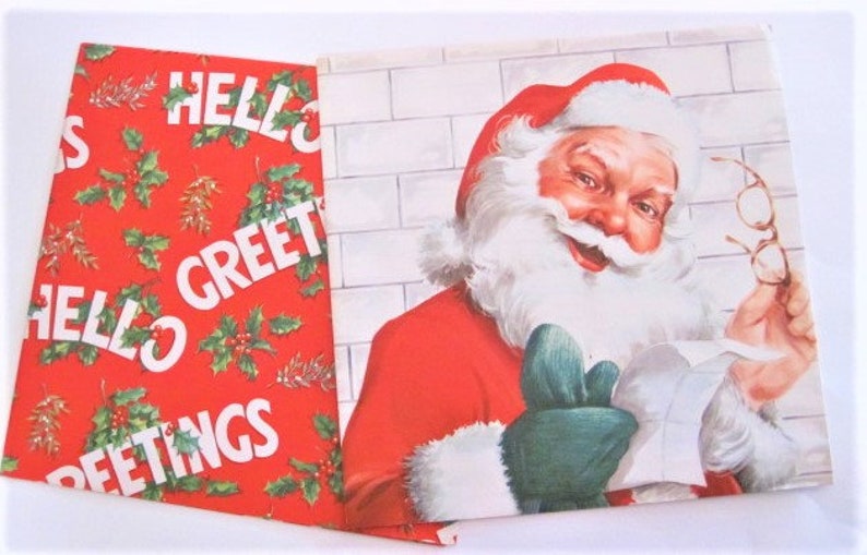 Vintage Curated Set Wrapping Paper Santa Gift Wrap Two Full Sheets ...