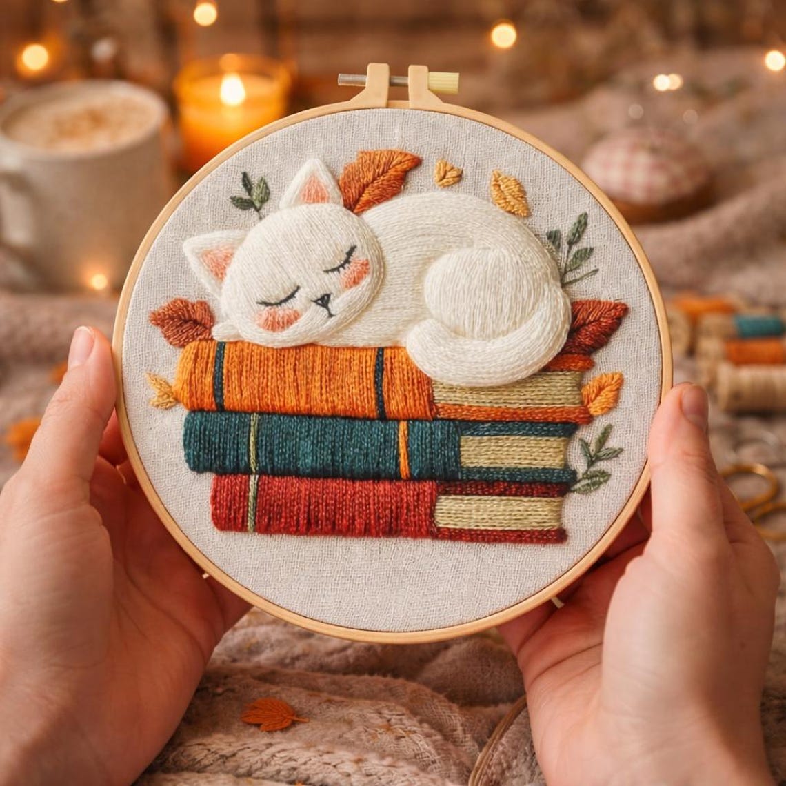 Sleeping Cat Embroidery Hoop Art – Cozy Handmade Wall Decor, Book Lover ...