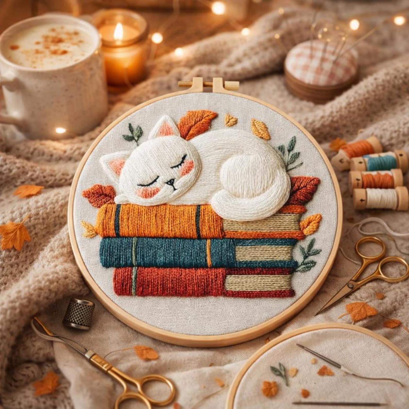 Sleeping Cat Embroidery Hoop Art – Cozy Handmade Wall Decor, Book Lover ...