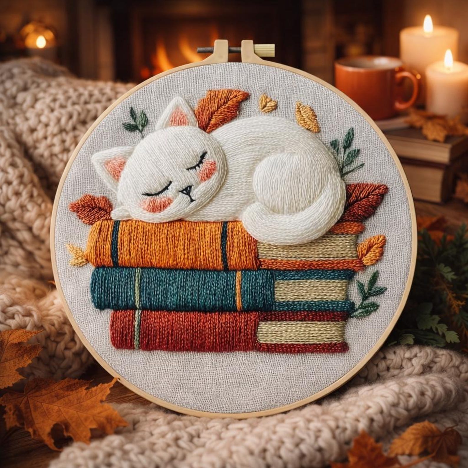 Sleeping Cat Embroidery Hoop Art – Cozy Handmade Wall Decor, Book Lover ...