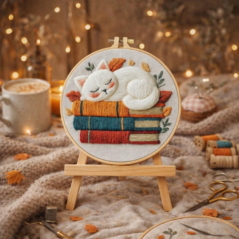 Sleeping Cat Embroidery Hoop Art – Cozy Handmade Wall Decor, Book Lover ...