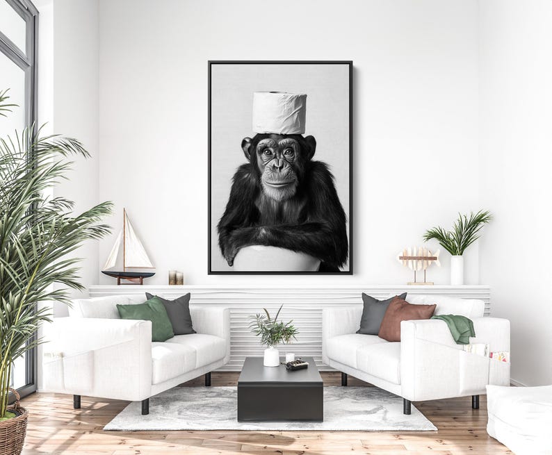 Funny Chimp on Toilet With Paper Hat, Black and White Bathroom Wall Art ...
