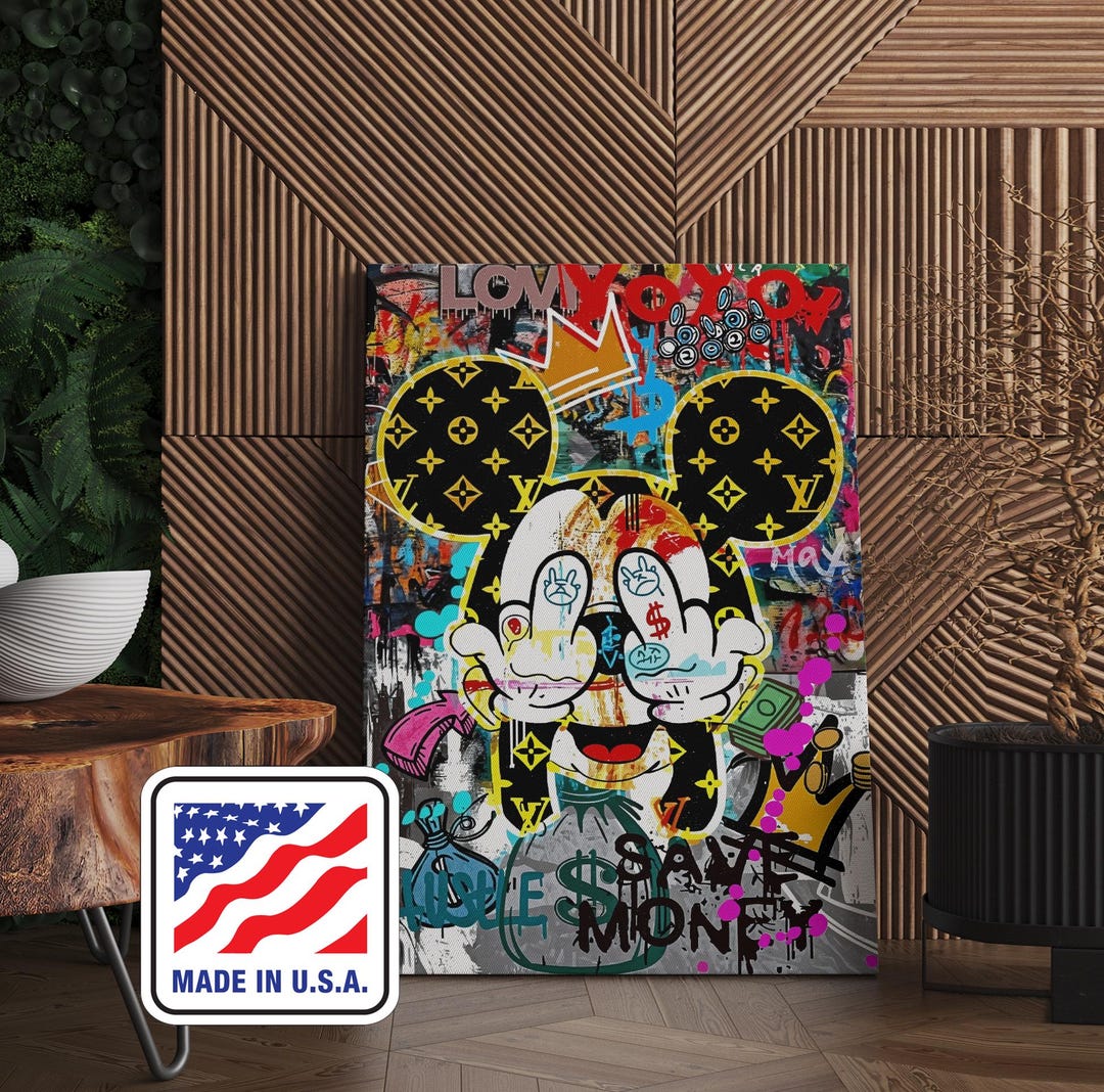 Funny Mickey Middle Finger Canvas, Bold Mickey Graffiti Artwork, Quirky ...