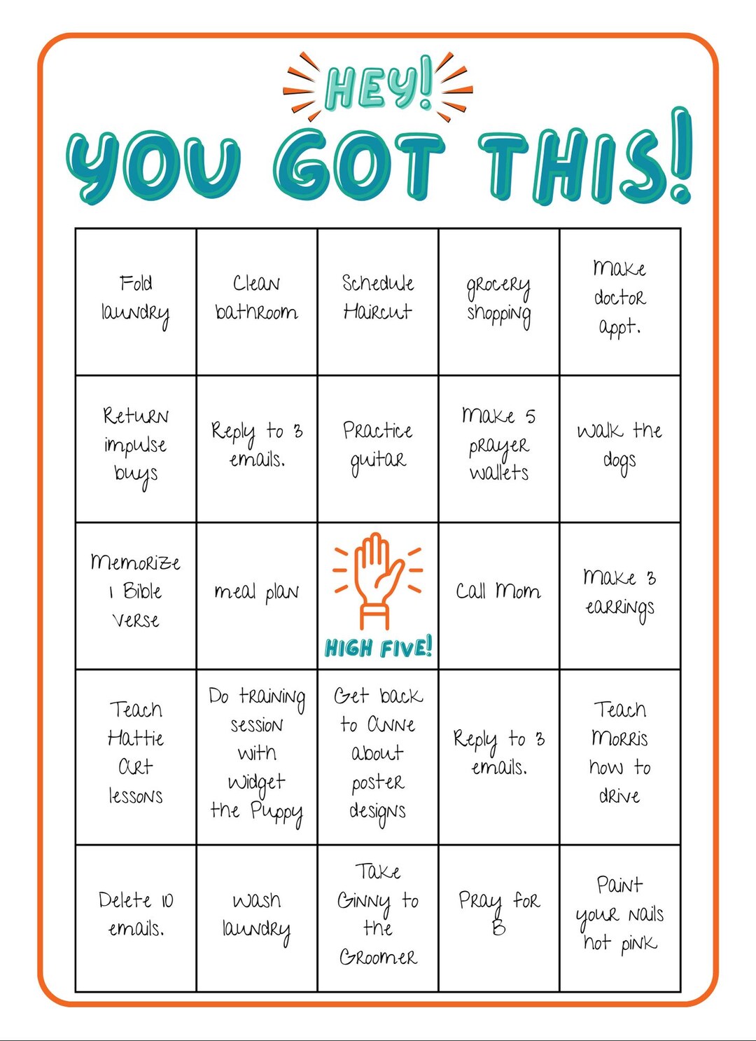 Dopamine Kick Bingo Task Cards- "hey! You Got This! High Five!" (BLANK ...