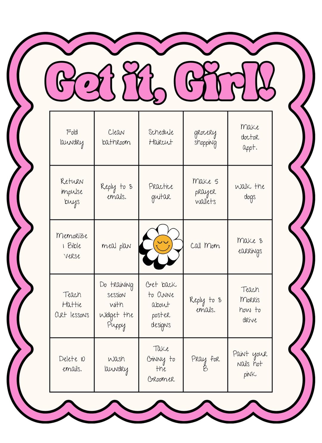 Dopamine Kick Bingo Task Cards- "get It, Girl!" (BLANK PRINTABLE- PDF ...