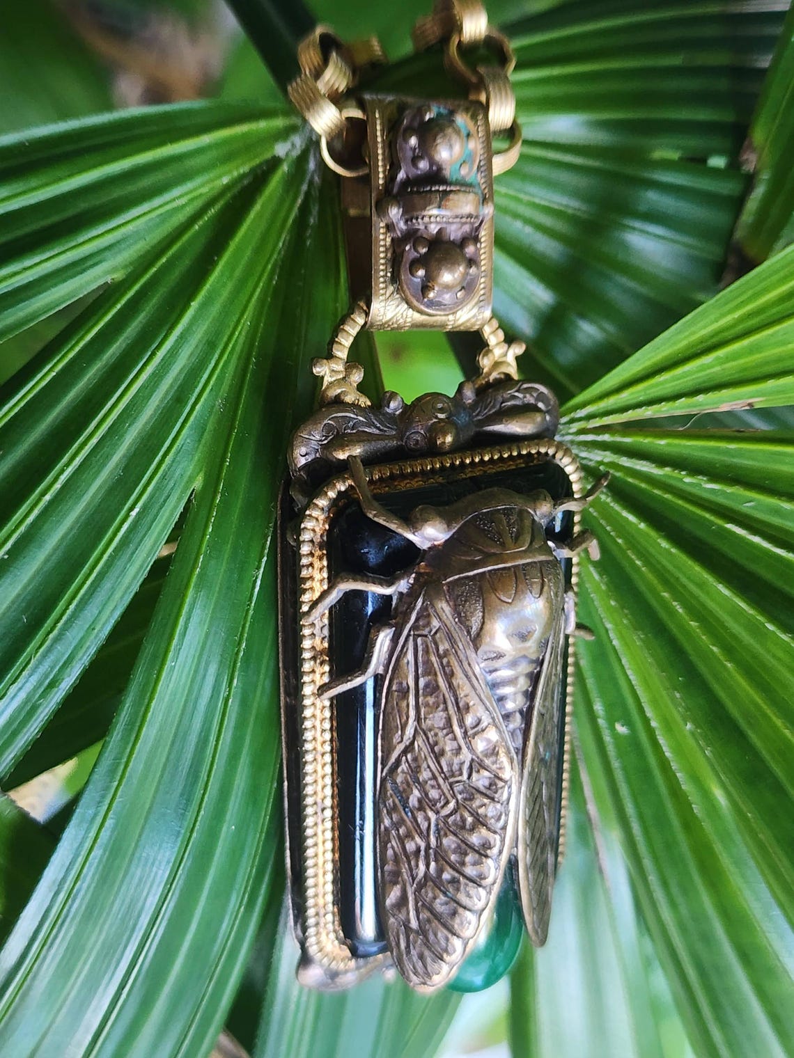 Vintage Patrice Cicada Pendant Necklace: Green Glass, Detailed Insect ...