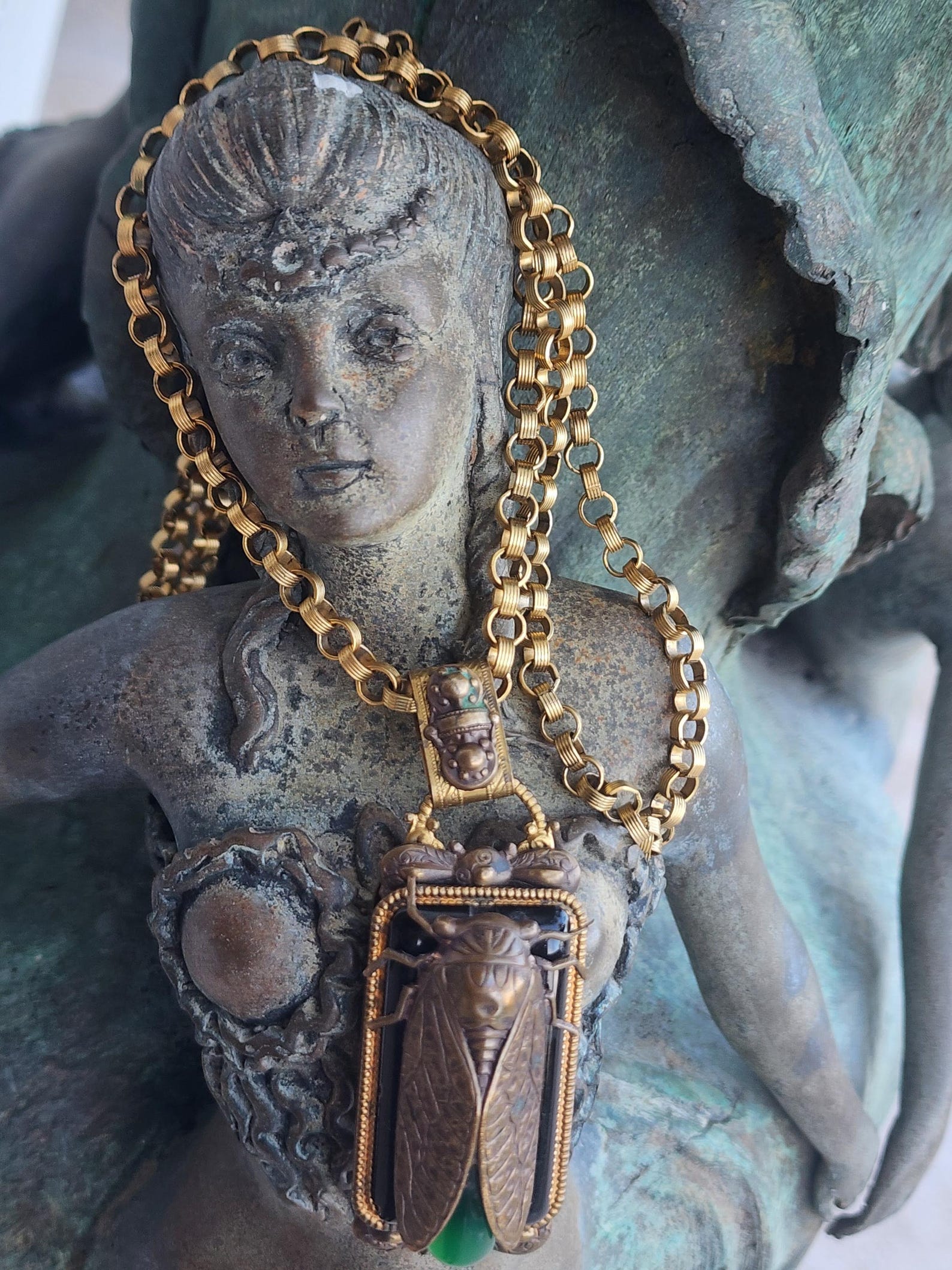 Vintage Patrice Cicada Pendant Necklace: Green Glass, Detailed Insect ...