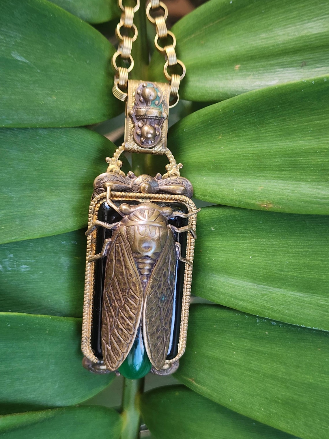 Vintage Patrice Cicada Pendant Necklace: Green Glass, Detailed Insect ...