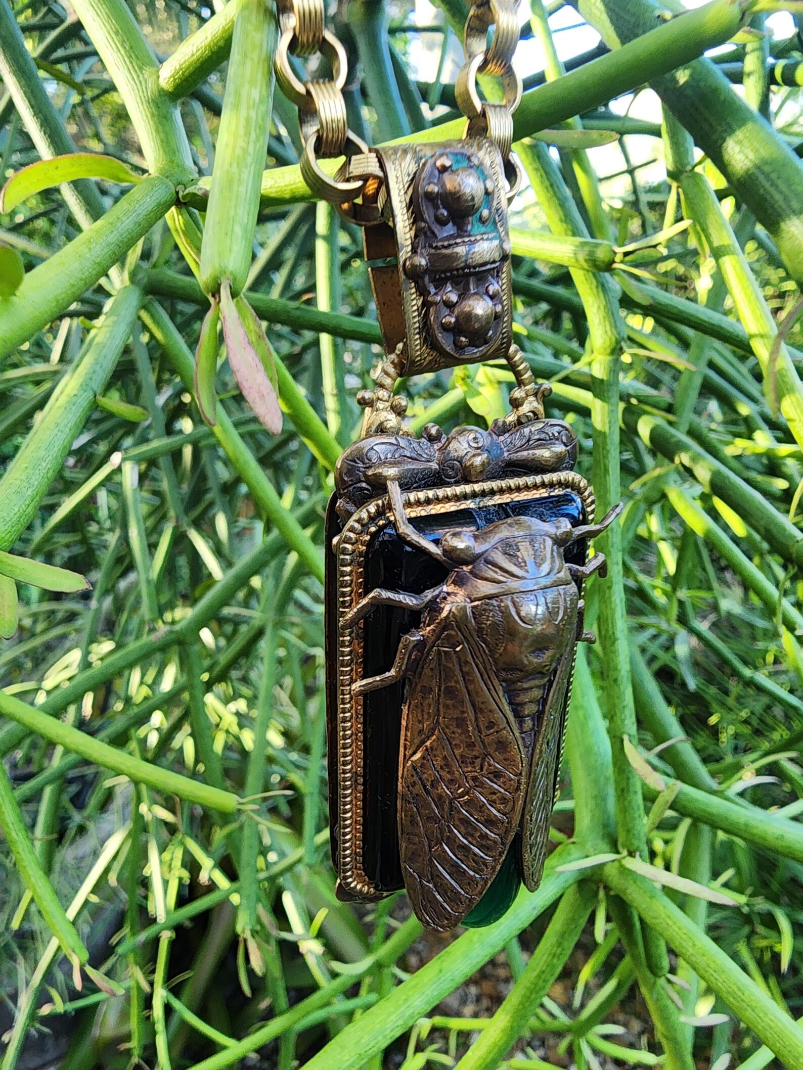 Vintage Patrice Cicada Pendant Necklace: Green Glass, Detailed Insect ...