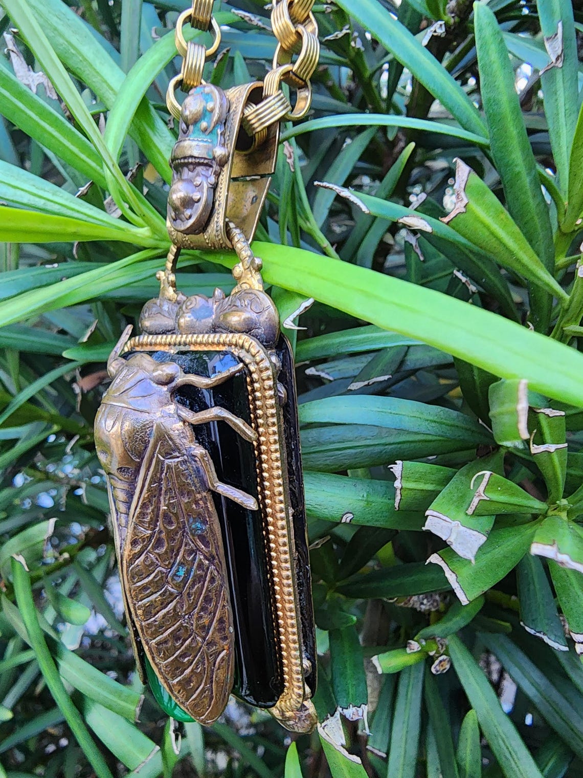 Vintage Patrice Cicada Pendant Necklace: Green Glass, Detailed Insect ...
