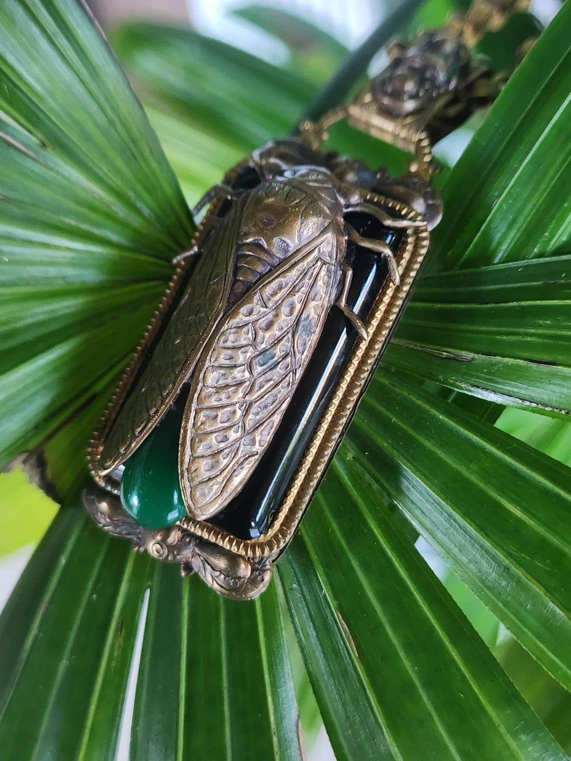 Vintage Patrice Cicada Pendant Necklace: Green Glass, Detailed Insect ...