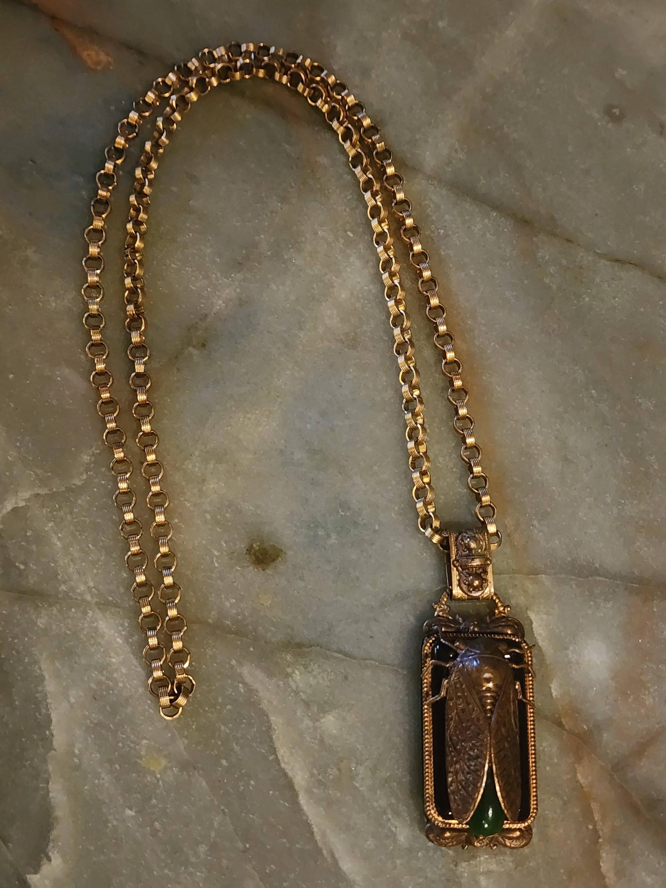 Vintage Patrice Cicada Pendant Necklace: Green Glass, Detailed Insect ...