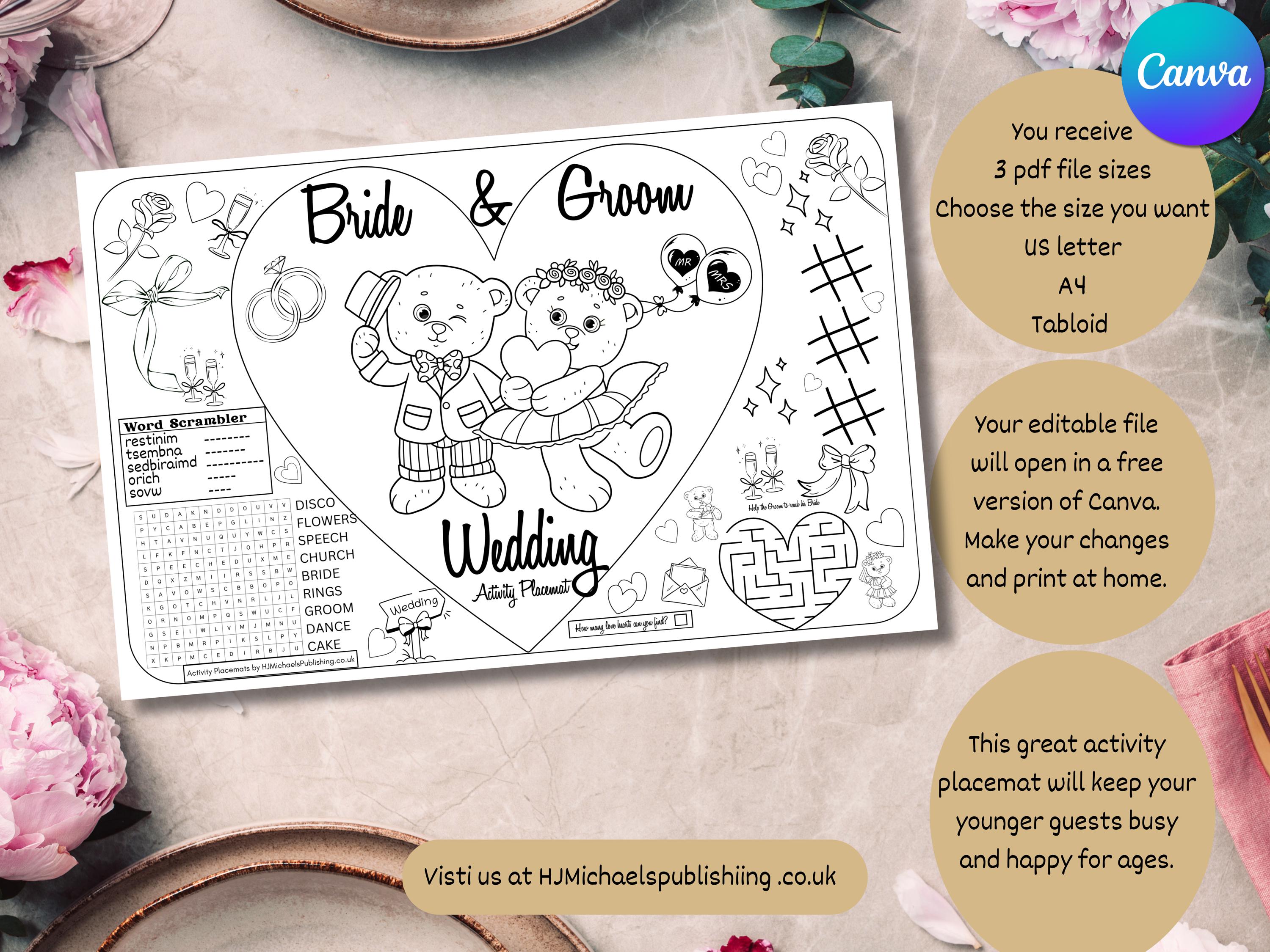 Editable Wedding Activity Placemat: Word Search, Tic Tac Toe, Maze ...