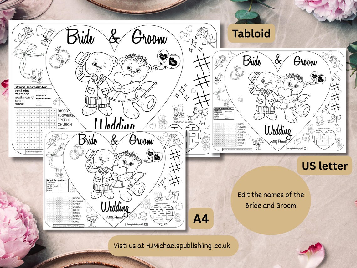 Editable Wedding Activity Placemat: Word Search, Tic Tac Toe, Maze ...