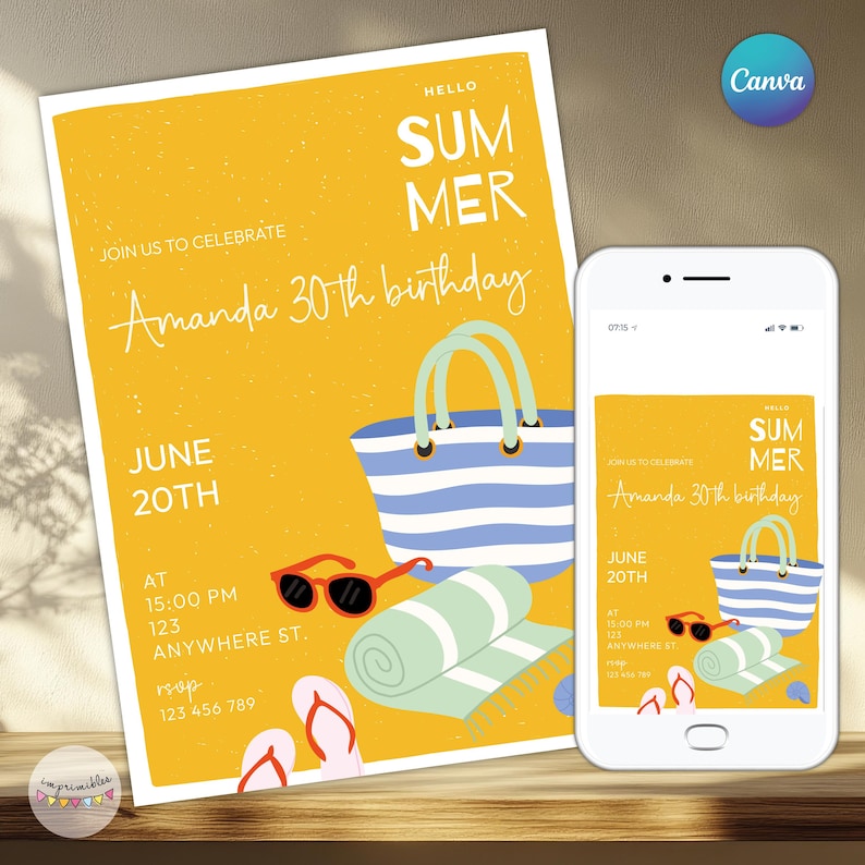Summer Party Birthday Invitation, Hello Summer, Summer Vibes, Editable ...