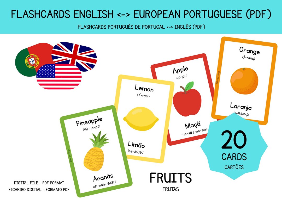 Fruits Flashcards | English to European Portuguese Vocabulary for Kids ...